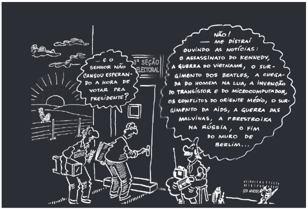 O diálogo entre os personagens da charge evidencia, no Br...